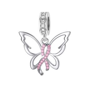 leecci breast cancer awareness charm butterfly pink ribbon charm for bracelet 925 sterling silver women's charm bead bracelets with cubic zirconia breast cancer survivor gifts for women