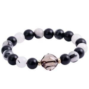 jewever triple protection bracelets healing energy crystals stones wealth bracelet for women(black rutilated quartz/smoky quartz/obsidian 8mm)