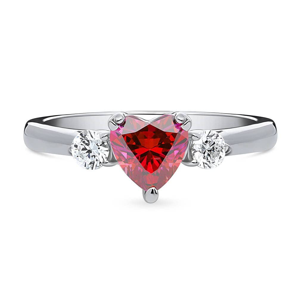 BERRICLE Sterling Silver 3-Stone Wedding Engagement Rings Red Cubic Zirconia CZ Heart Promise Ring for Women, Rhodium Plated Size 7