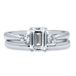 BERRICLE Sterling Silver 3-Stone Wedding Engagement Rings Emerald Cut Cubic Zirconia CZ Ring Set for Women, Rhodium Plated Size 5.5