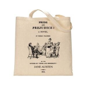 universal zone pride and prejudice by jane austen tote bag. handbag with pride and prejudice book design. book bag. library bag. jane austen gift