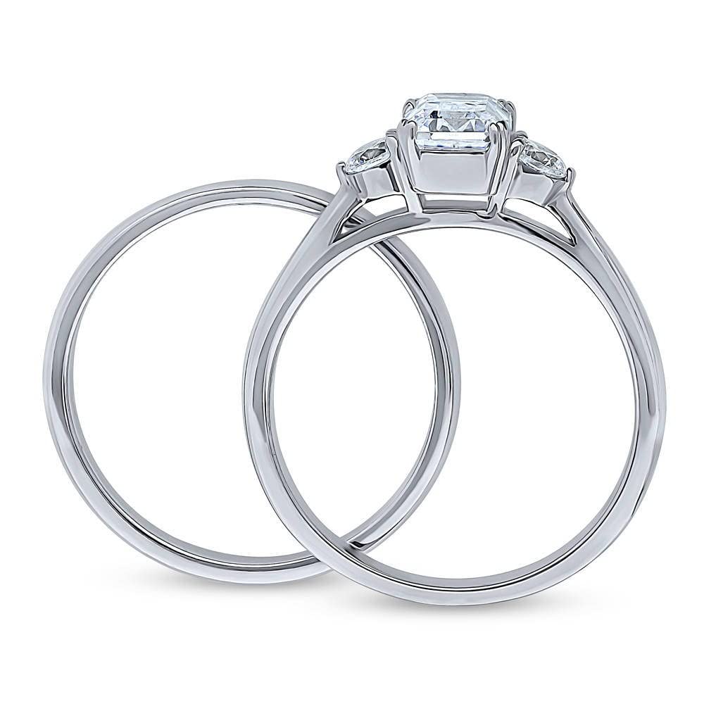 BERRICLE Sterling Silver 3-Stone Wedding Engagement Rings Emerald Cut Cubic Zirconia CZ Ring Set for Women, Rhodium Plated Size 5.5