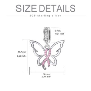 LEECCI Breast Cancer Awareness Charm Butterfly Pink Ribbon Charm for Bracelet 925 Sterling Silver Women's Charm Bead Bracelets with Cubic Zirconia Breast Cancer Survivor Gifts for Women