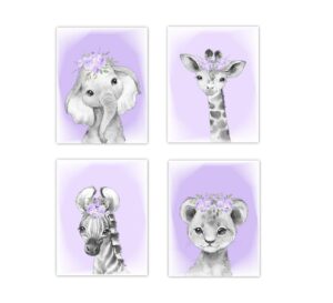 baby girl nursery wall art purple floral crown safari animals elephant giraffe lion zebra decor 4 unframed prints