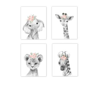 baby girl nursery wall art coral floral crown safari animals elephant giraffe lion zebra room decor 4 unframed prints