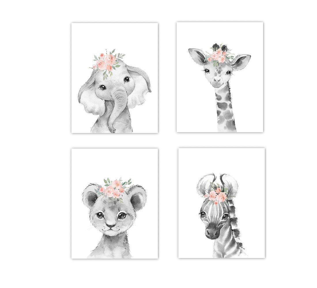 Baby Girl Nursery Wall Art Coral Floral Crown Safari Animals Elephant Giraffe Lion Zebra Room Decor 4 UNFRAMED PRINTS