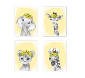 baby girl nursery wall art sunflowers floral crown safari animals elephant giraffe lion zebra room decor 4 unframed prints