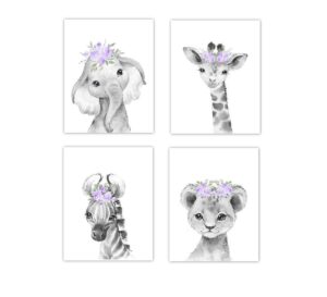 baby girl nursery wall art purple floral crown safari animals elephant giraffe lion zebra decor 4 unframed prints