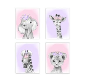 baby girl nursery wall art pink purple floral crown safari animals elephant giraffe lion zebra decor 4 unframed prints