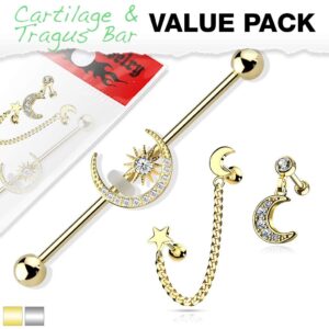 Covet Jewelry 3 Pcs Star and Moon Chain Linked Barbell Studs, Industrial Barbell, CZ Paved Moon Barbell Stud 316L Surgical Steel Ear Cartilage Mix Value Pack (Gold)