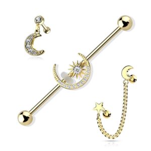 covet jewelry 3 pcs star and moon chain linked barbell studs, industrial barbell, cz paved moon barbell stud 316l surgical steel ear cartilage mix value pack (gold)