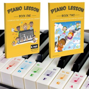 qmg color piano and keyboard stickers and complete color note piano music lesson and guide book 1 and book 2 for kids and beginners; designed and printed in usa