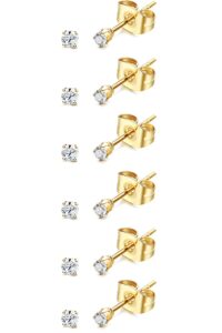 2mm cz stud earrings for women, 14k gold plated cubic zirconia earrings studs small gold studs tiny stud earrings set for women men 20g mini studs hypoallergenic, pack of 6 pairs