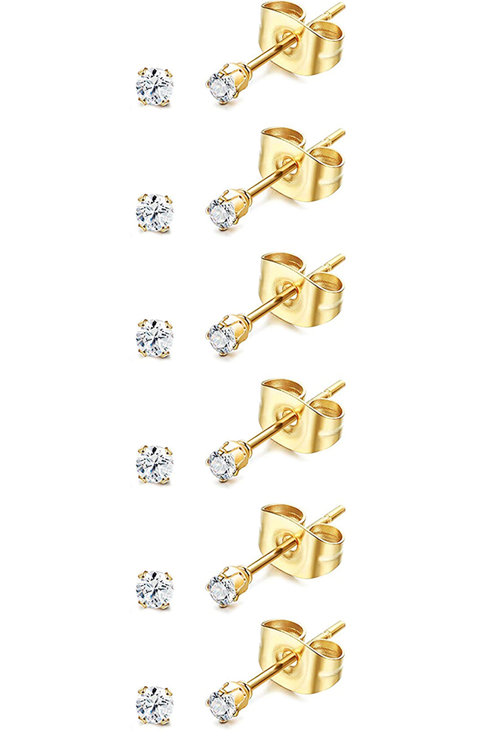 2mm CZ Stud Earrings for Women, 14K Gold Plated Cubic Zirconia Earrings Studs Small Gold Studs Tiny Stud Earrings Set for Women Men 20G Mini Studs Hypoallergenic, Pack of 6 Pairs