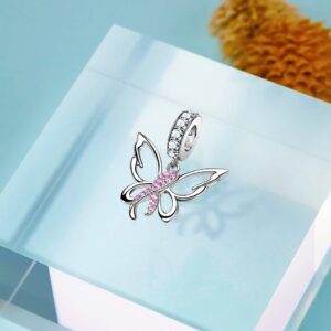 LEECCI Breast Cancer Awareness Charm Butterfly Pink Ribbon Charm for Bracelet 925 Sterling Silver Women's Charm Bead Bracelets with Cubic Zirconia Breast Cancer Survivor Gifts for Women