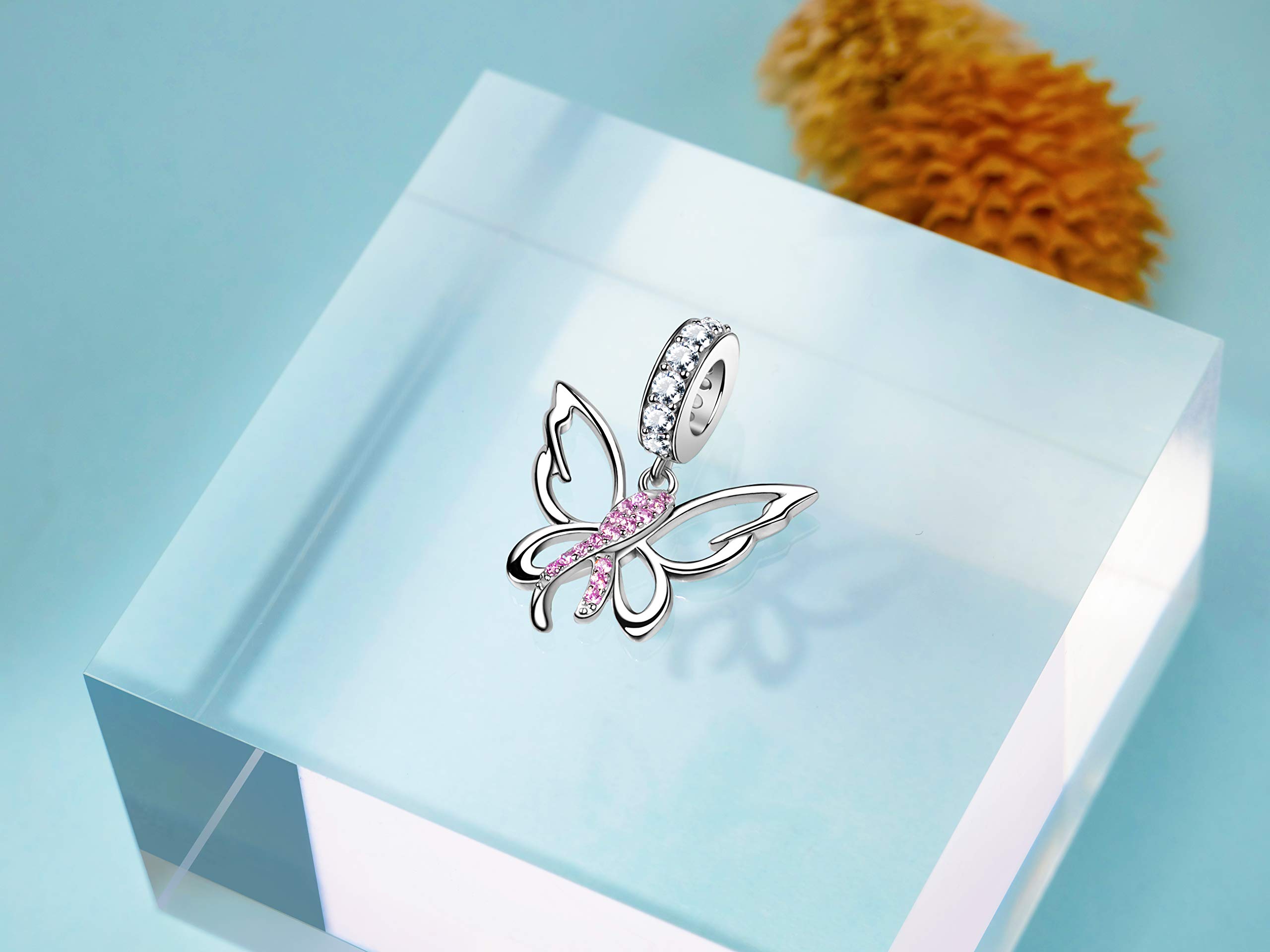 LEECCI Breast Cancer Awareness Charm Butterfly Pink Ribbon Charm for Bracelet 925 Sterling Silver Women's Charm Bead Bracelets with Cubic Zirconia Breast Cancer Survivor Gifts for Women