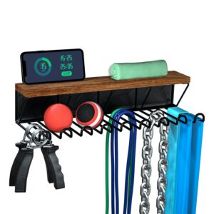 j jackcube design gym storage rack organizer for workout equipments, fitness gears, resistance bands, lifting belts rack holder with 9 heavy duty metal hooks and wood shelf- mk713a