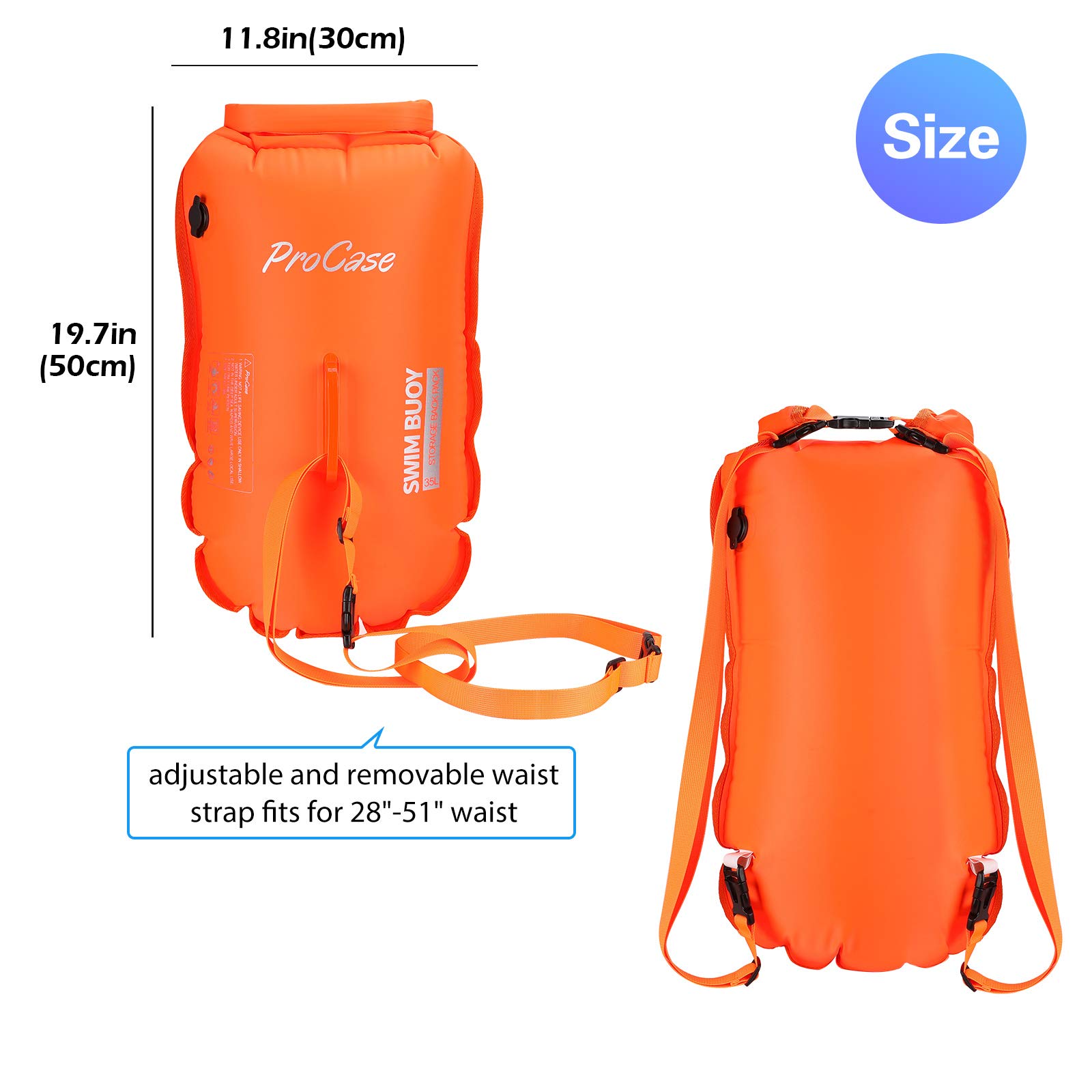 ProCase 35L Swim Buoy Dry Bag, Floating Waterproof Backpack with Shoulder Waist Strap for Open Water Swimming Paddling Boating Kayaking Rafting Hiking Camping Fishing Beach -Orange