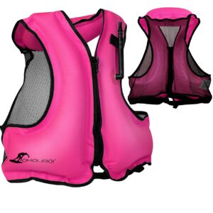 omouboi inflatable snorkel vest for women adult swimming jacket for diving surfing swimming outdoor water sports suitable for 90-220lbs (pink)