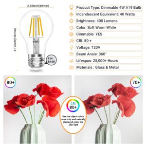 A19 E26 Base Dimmable Edison LED Bulb, 4W(40 Watt Equivalent) Stepless Dimming Light Bulbs 400lm, 3000K Soft Warm White, Vintage Clear Glass LED Filament Bulb for Home, Wall Sconce, Chandelier, 6 Pack