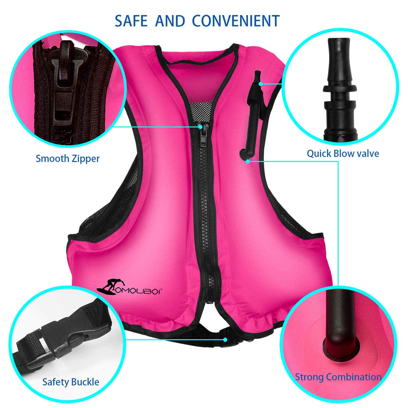 OMOUBOI Inflatable Snorkel Vest for Women Adult Swimming Jacket for Diving Surfing Swimming Outdoor Water Sports Suitable for 90-220lbs (Pink)