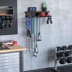 J JACKCUBE DESIGN Gym Storage Rack Organizer for Workout Equipments, Fitness Gears, Resistance Bands, Lifting Belts Rack Holder with 9 Heavy Duty Metal Hooks and Wood Shelf- MK713A