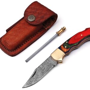 Handmade Damascus Steel Pocket Knife & Knife Sharpener - Damascus Folding Knife - Pocket Knife for Men, EDC Knife & Hunting Knife with Back Lock & Beautiful Pakka Wood Handle with Leather Knife Sheath