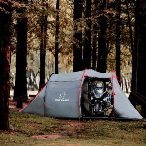 wolf walker motorcycle tent for camping 2-3 person waterproof instant tents with integrated motorcycle port for outdoor hiking, backpacking, picnic fast pitch