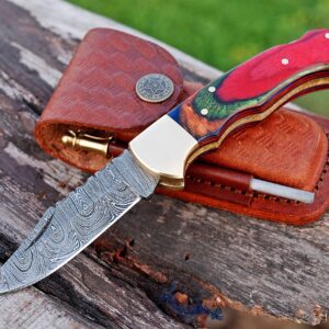 Handmade Damascus Steel Pocket Knife & Knife Sharpener - Damascus Folding Knife - Pocket Knife for Men, EDC Knife & Hunting Knife with Back Lock & Beautiful Pakka Wood Handle with Leather Knife Sheath