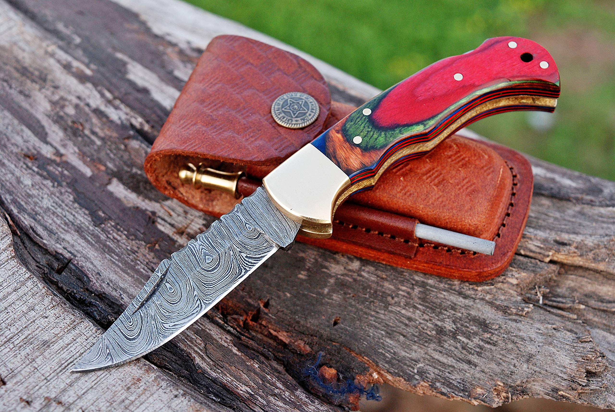 Handmade Damascus Steel Pocket Knife & Knife Sharpener - Damascus Folding Knife - Pocket Knife for Men, EDC Knife & Hunting Knife with Back Lock & Beautiful Pakka Wood Handle with Leather Knife Sheath