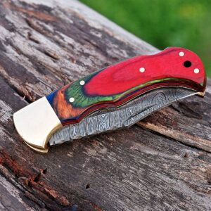 Handmade Damascus Steel Pocket Knife & Knife Sharpener - Damascus Folding Knife - Pocket Knife for Men, EDC Knife & Hunting Knife with Back Lock & Beautiful Pakka Wood Handle with Leather Knife Sheath