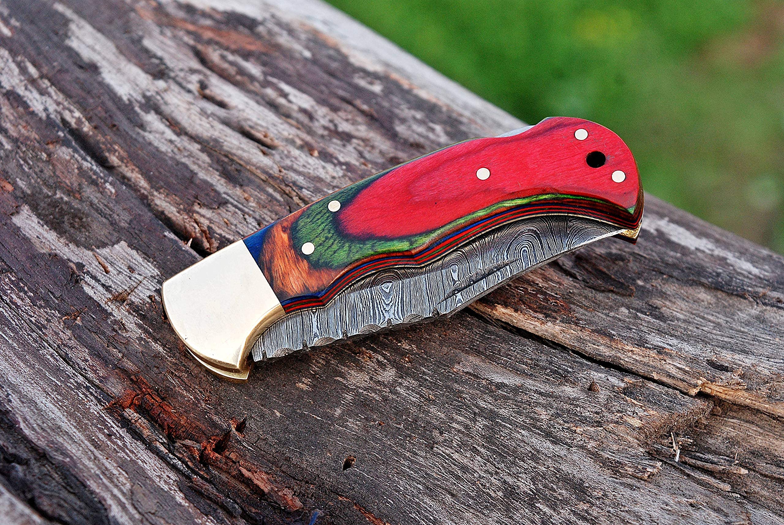 Handmade Damascus Steel Pocket Knife & Knife Sharpener - Damascus Folding Knife - Pocket Knife for Men, EDC Knife & Hunting Knife with Back Lock & Beautiful Pakka Wood Handle with Leather Knife Sheath