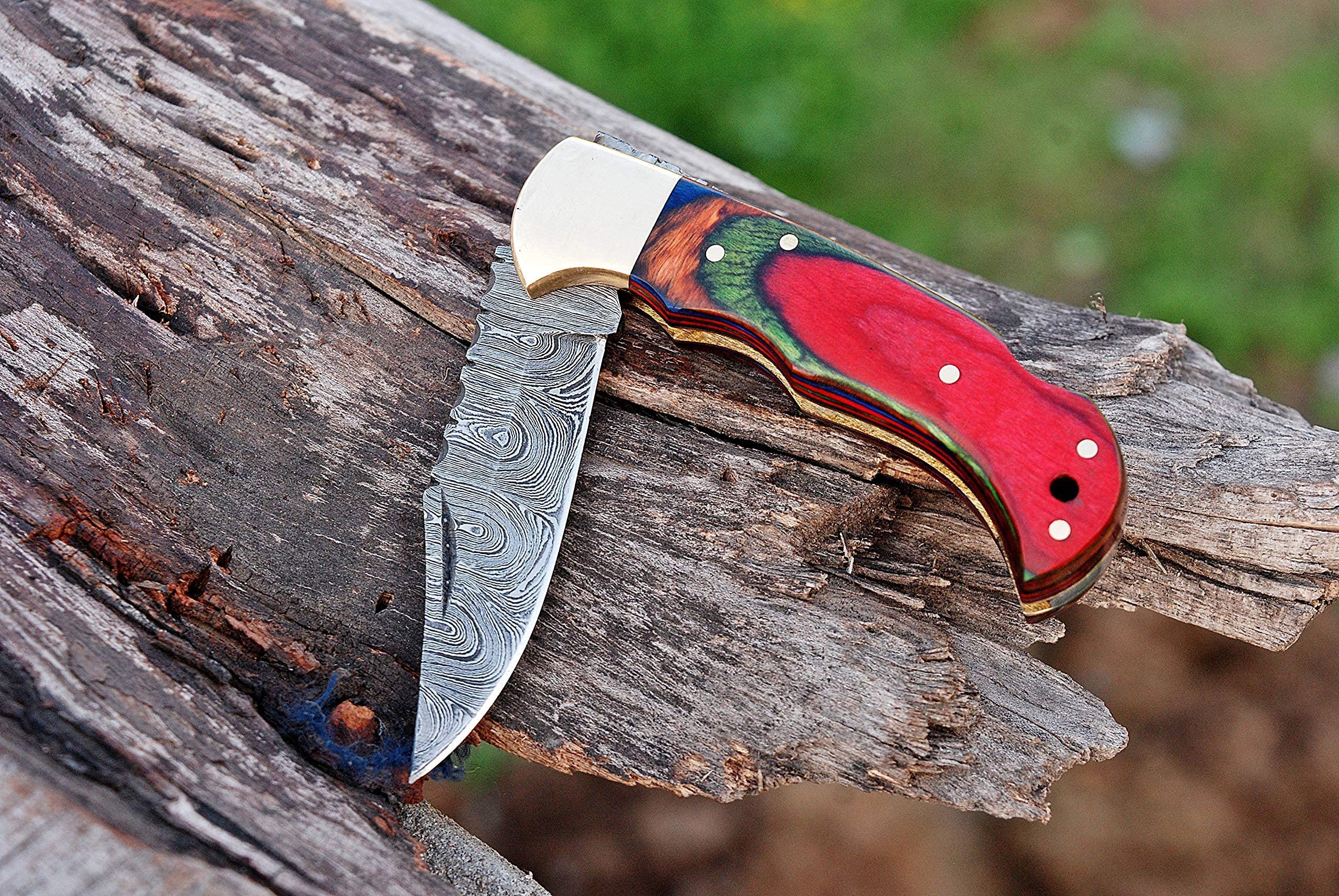 Handmade Damascus Steel Pocket Knife & Knife Sharpener - Damascus Folding Knife - Pocket Knife for Men, EDC Knife & Hunting Knife with Back Lock & Beautiful Pakka Wood Handle with Leather Knife Sheath