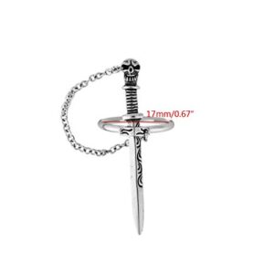 angwang Ring,Gothic Punk Skull Sword Movable Plug-in Finger Ring Medieval Knight Dagger Chain Ring Band Vintage Statement Jewelry Silver