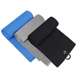 mosumi golf towel, 3 pack microfiber golf towels (16"x16") for golf bag with carabiner clip, tri-fold waffle pattern golf towel, blue, black and gray