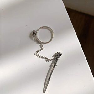 angwang Ring,Gothic Punk Skull Sword Movable Plug-in Finger Ring Medieval Knight Dagger Chain Ring Band Vintage Statement Jewelry Silver