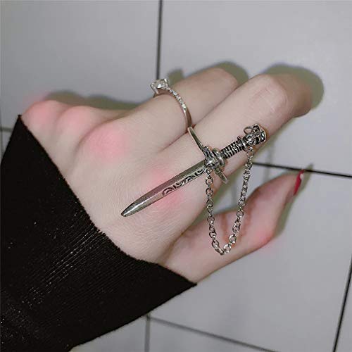 angwang Ring,Gothic Punk Skull Sword Movable Plug-in Finger Ring Medieval Knight Dagger Chain Ring Band Vintage Statement Jewelry Silver