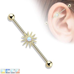 Covet Jewelry Opal Center Sunburst 316L Surgical Steel Industrial Barbell (Rose Gold/Opal White)