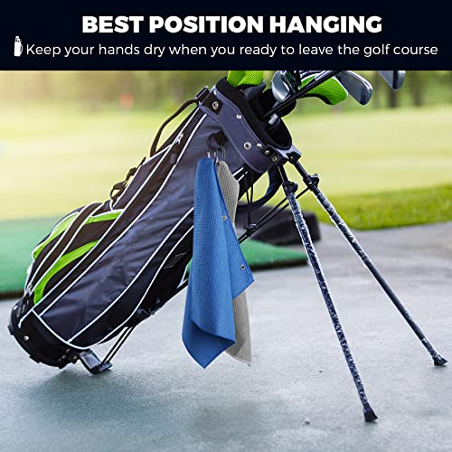 MOSUMI Golf Towel, 3 Pack Microfiber Golf Towels (16"x16") for Golf Bag with Carabiner Clip, Tri-fold Waffle Pattern Golf Towel, Blue, Black and Gray