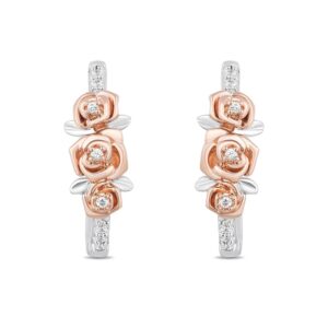 jewelili enchanted disney fine jewelry 10k rose gold and sterling silver belle dozen roses earring set with 1/5 cttw diamonds