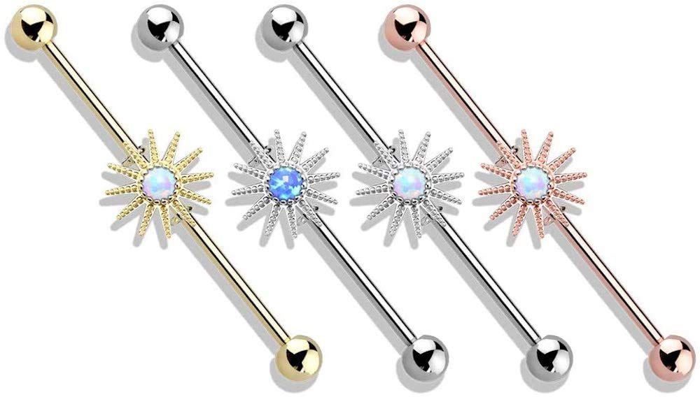 Covet Jewelry Opal Center Sunburst 316L Surgical Steel Industrial Barbell (Rose Gold/Opal White)