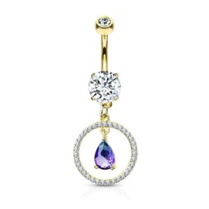 cz paved circle with pear shaped green and blue two tone cz dangle double jeweled 316l surgical steel belly button navel rings (gold/clear)