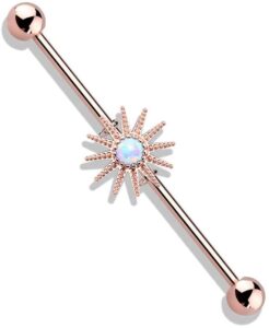 covet jewelry opal center sunburst 316l surgical steel industrial barbell (rose gold/opal white)