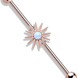 Covet Jewelry Opal Center Sunburst 316L Surgical Steel Industrial Barbell (Rose Gold/Opal White)