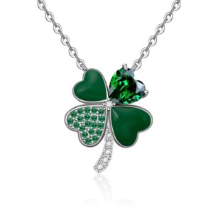 st patricks day irish four leaf clover shamrock necklace for women heart 925 sterling silver charm fashion green love emerald pendant choker diamond crystal prom valentine necklaces