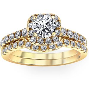 1 1/4ct diamond cushion halo engagement wedding ring set 10k yellow gold - size 4