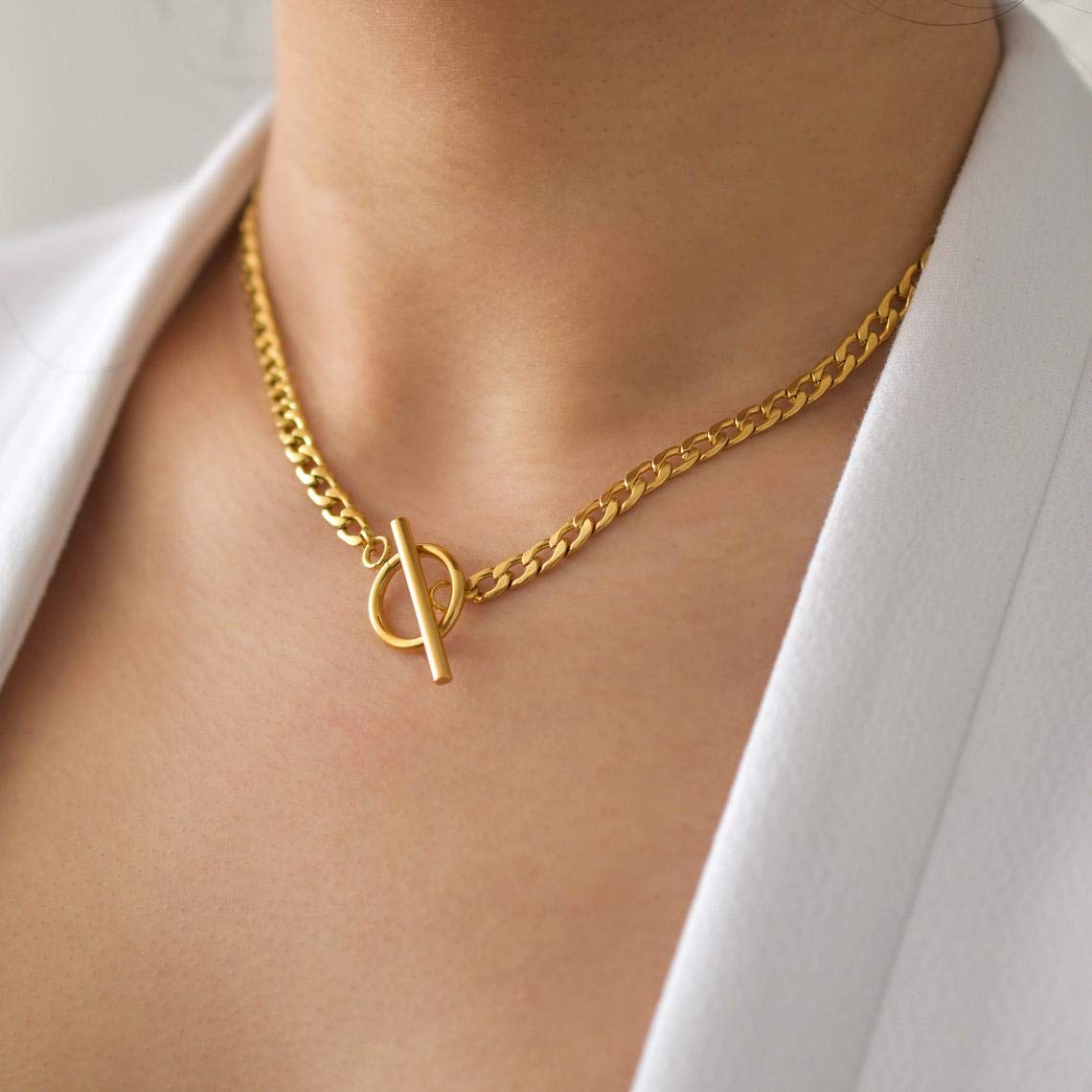 CHESKY Dainty Gold Toggle Clasp Necklace for Women 14K Gold Plated Cuban Chain Choker Necklace, Minimalist Simple Handmade Thick Chunky Toggle Necklaces Jewelry Gifts