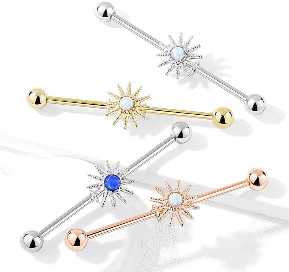 Covet Jewelry Opal Center Sunburst 316L Surgical Steel Industrial Barbell (Rose Gold/Opal White)