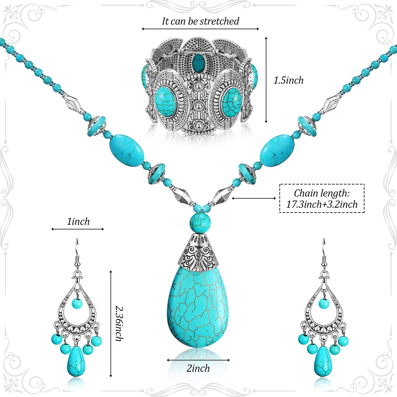 3 Pieces Bohemian Turquoise Jewelry Set Women Western Jewelry Set Turquoise Pendant Necklace, Vintage Turquoise Dangle Earrings, Stretchable Turquoise Bracelet for Women Statement Boho Jewelry Set