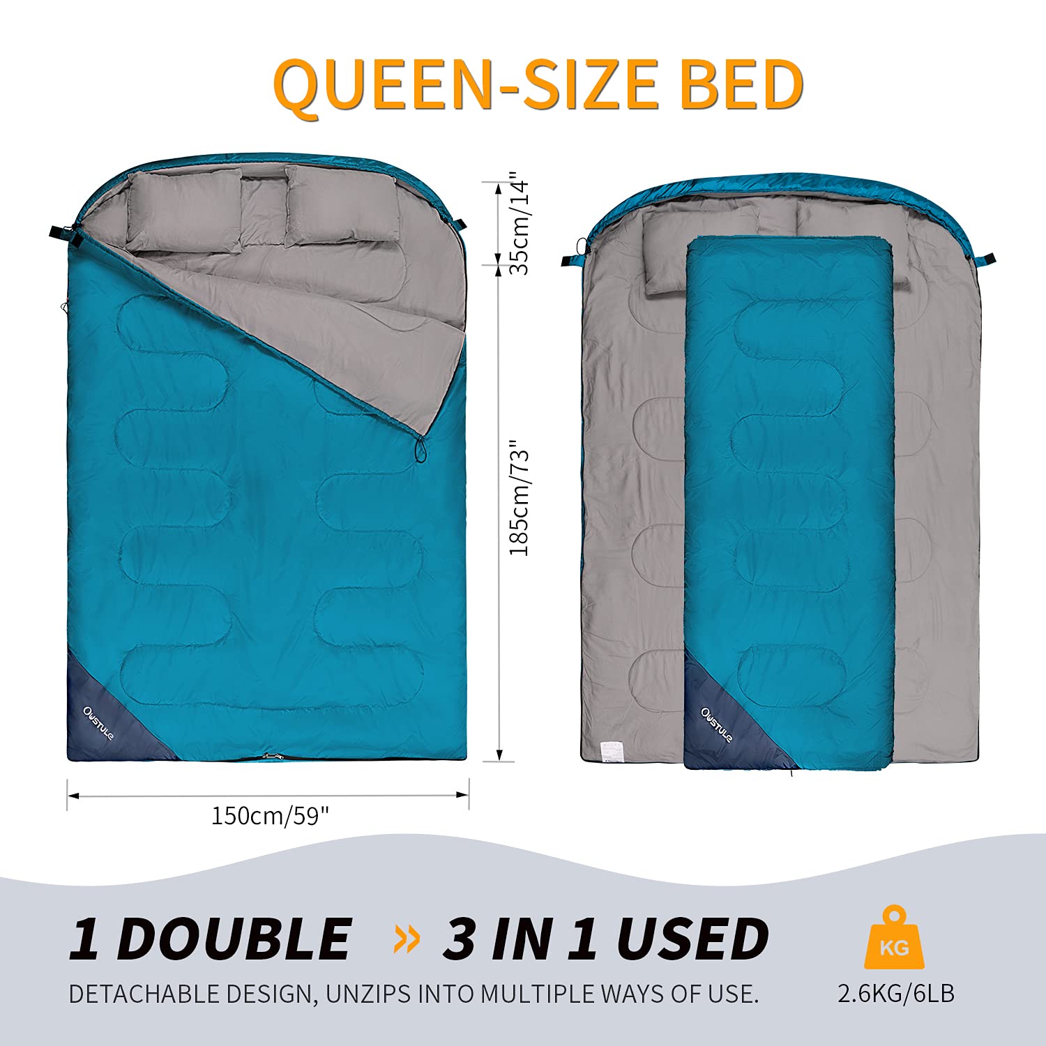 Double Sleeping Bag for Adults, 2 Person Sleeping Bag with Pillows for Camping Backpacking Hiking, XL Queen Size Two Person Sleeping Bag for Cold Weather & Warm (Blue-Polyester, Queen Size XL)